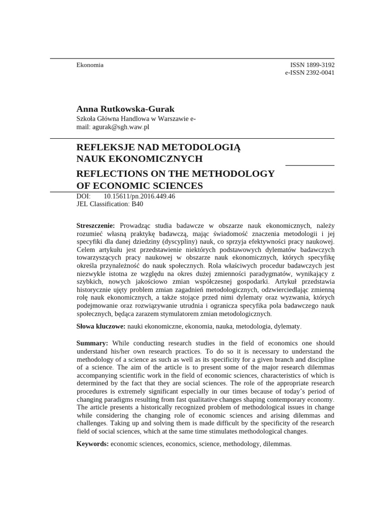 Rutkowska-Gurak Reflekcje Nad Metodologia Nauk Ekonomicznych 2016 | PDF