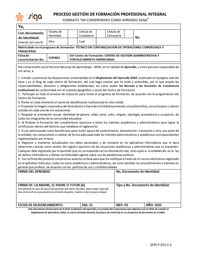 GFPI-F-015 Formato Compromiso Del Aprendiz V2 | PDF