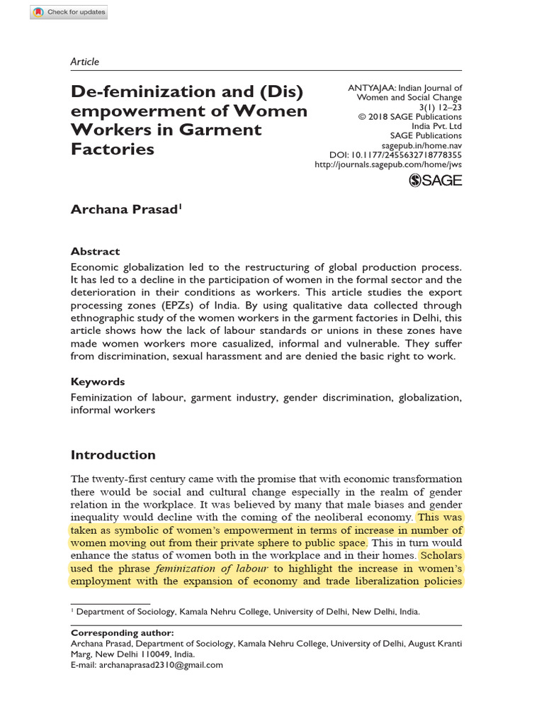 De-Feminization and (Dis) Empowerment of Women Workers in Garment Factorie | PDF | Employment ...