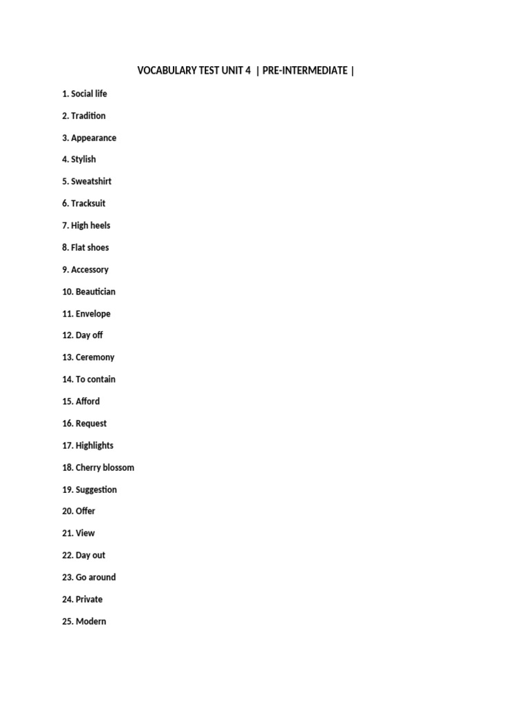 Vocabulary Test: Unit 4 Pre-Intermediate | PDF