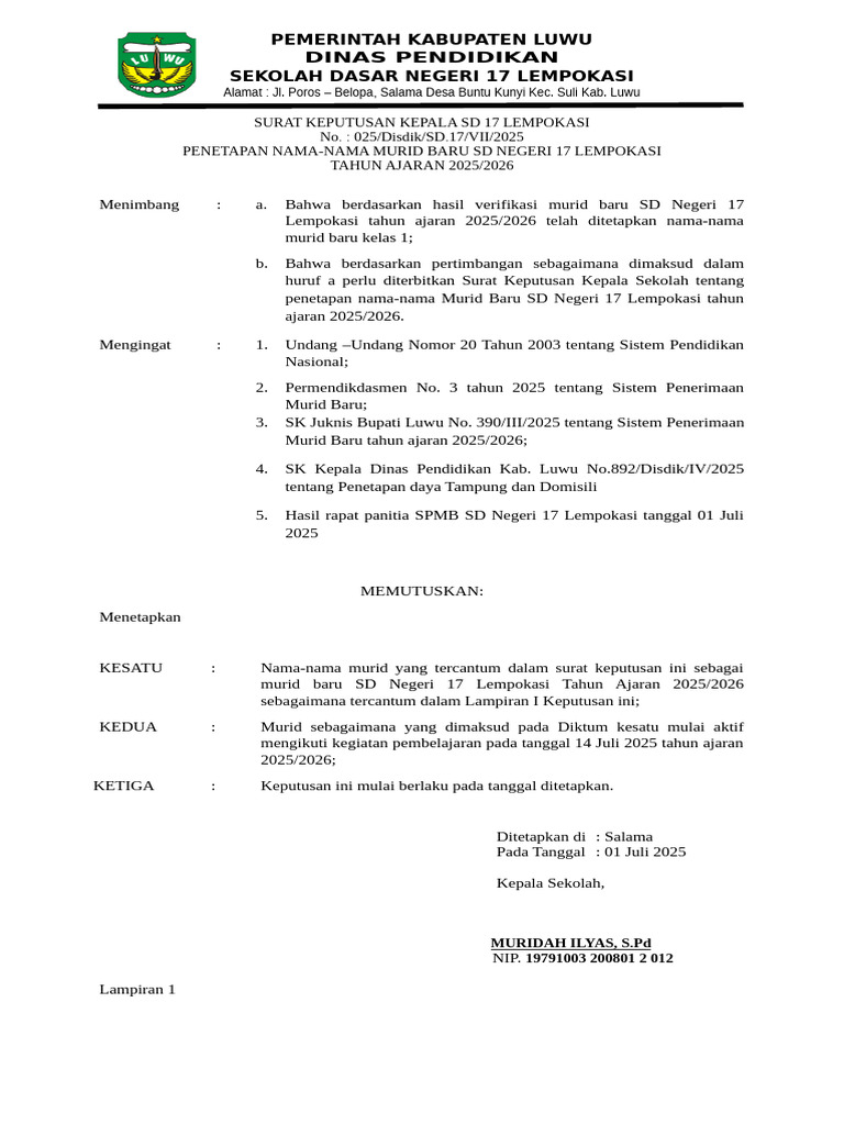 Contoh SK Penetapan SPMB | PDF