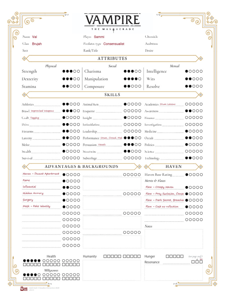 VTM - Val Character Sheet - Sammi | PDF