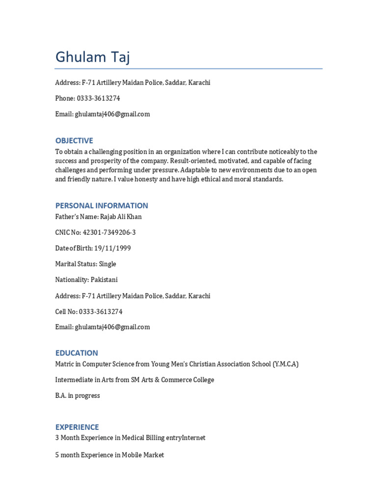 Ghulam Taj CV New Style | PDF