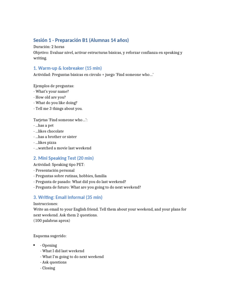 Sesion1 B1 Verano Rachel | PDF