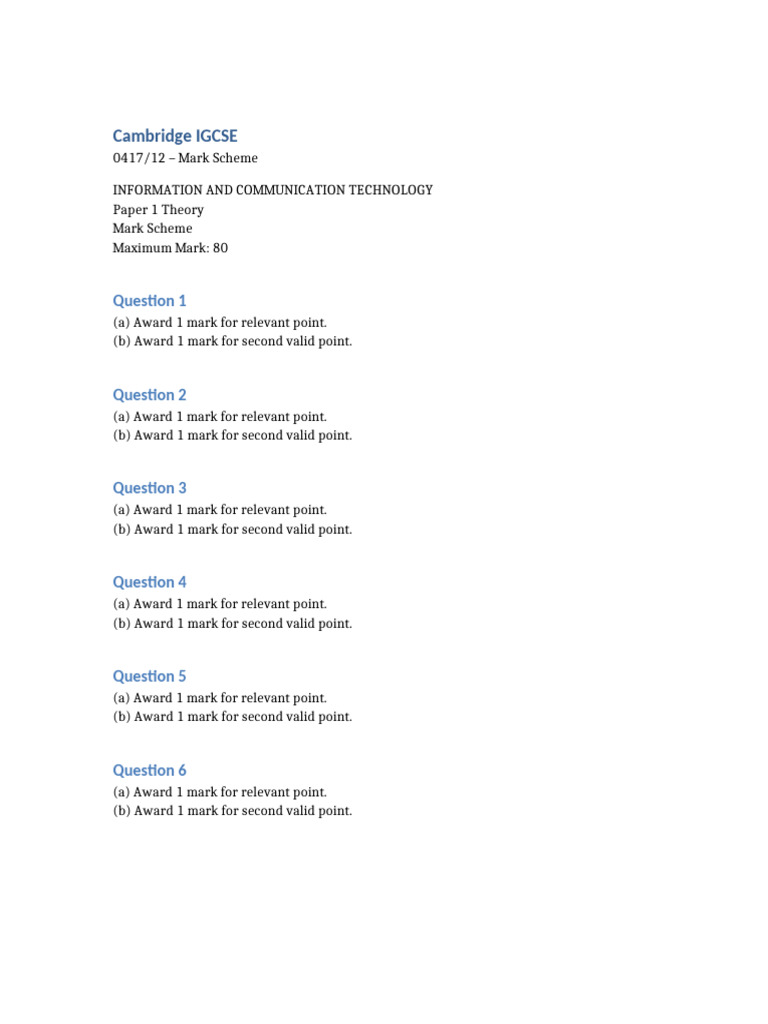 IGCSE ICT Paper 1 Mark Scheme | PDF