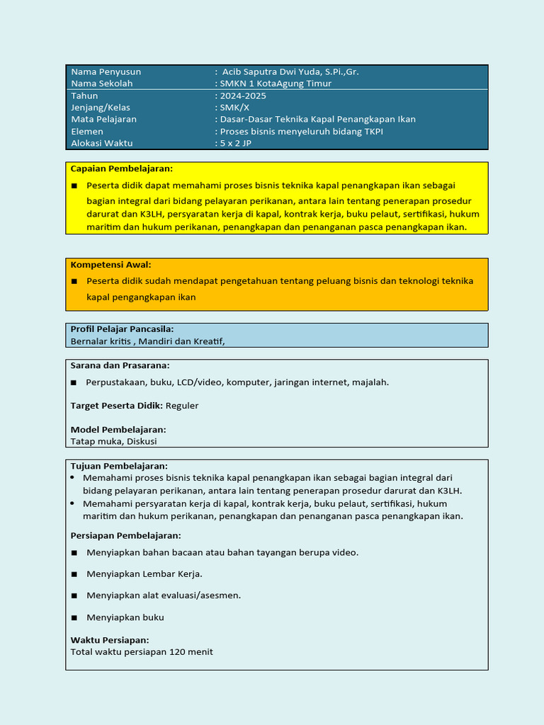 Modul Ajar Kelas X TKPI PROSES BISNIS DAN TEKNOLOGI TKPI | PDF