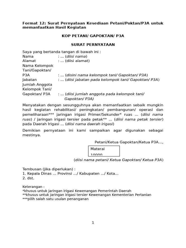 Surat Pernyataan Kesediaan Petani - Poktan - P3A Untuk Memanfaatkan Hasil Kegiatan | PDF