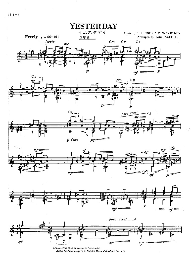 Beatles Yesterday Arranged by Toru Takemitsu | PDF