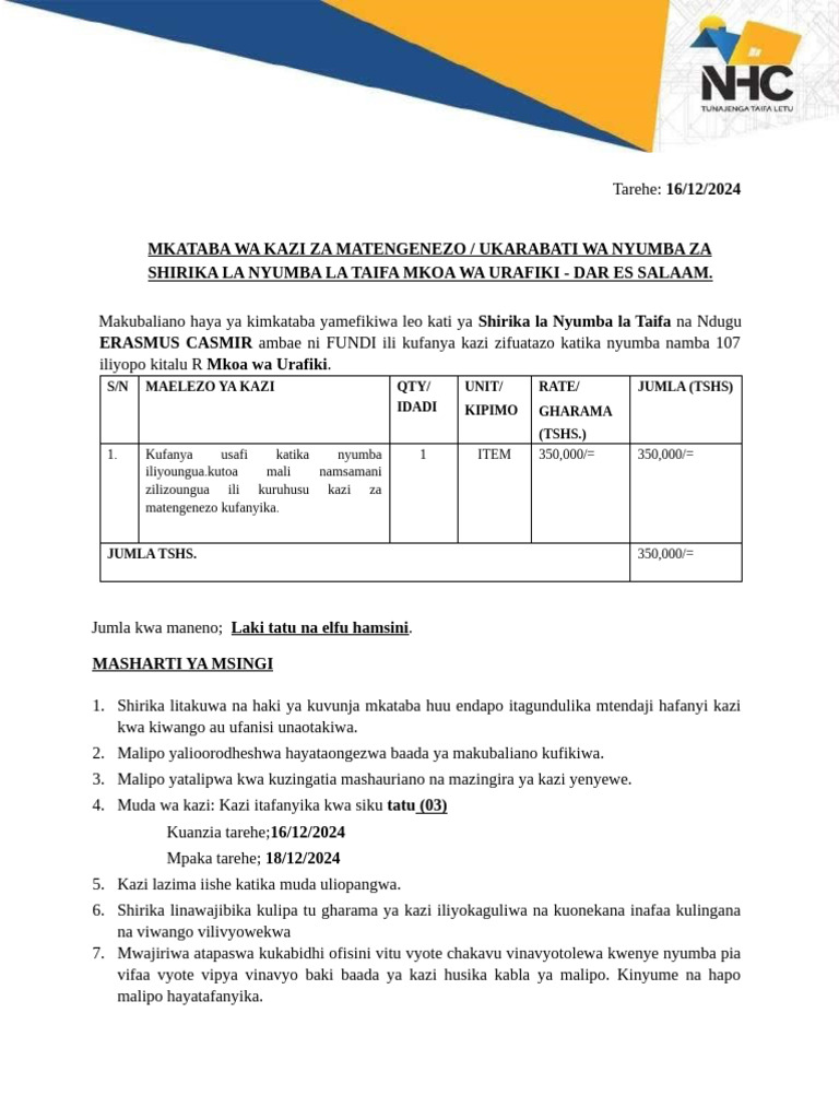 MKATABA WA KAZI FUNDI (MSUYA) 0013-006-07-11-2024-fADM | PDF