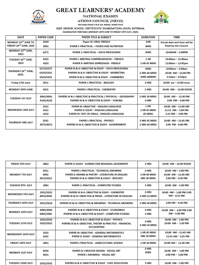Great Learners Neco 2025 Time Table | PDF