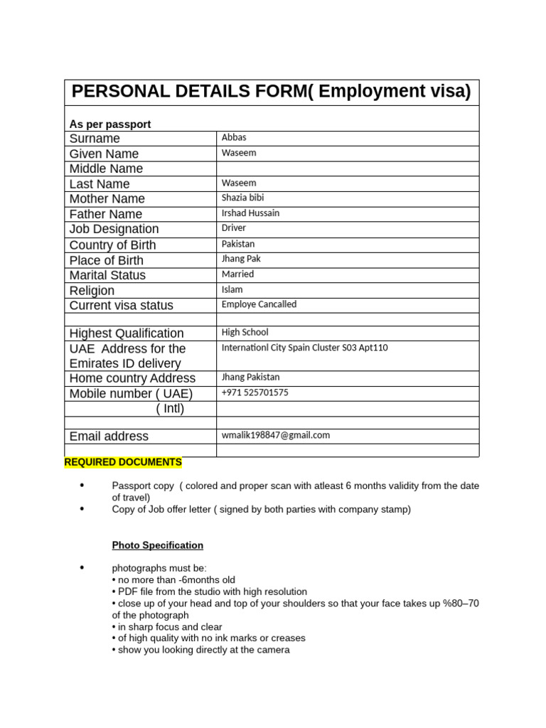 Updated Visa Information Form 123456 | PDF | Travel Visa | United Arab ...