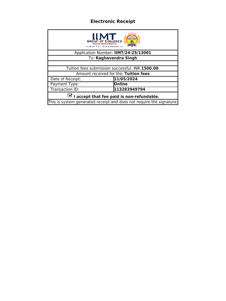 Acknowledgement Receipt IIMT 24-25-13001 | PDF