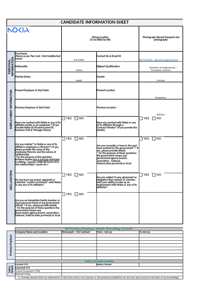 G.K.neha Candidate Information Sheet | PDF | Employment