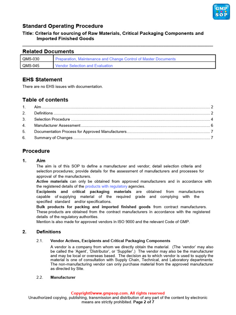 QMS 115 Criteria For Sourcing of Raw Material Packaging Finished Goods ...
