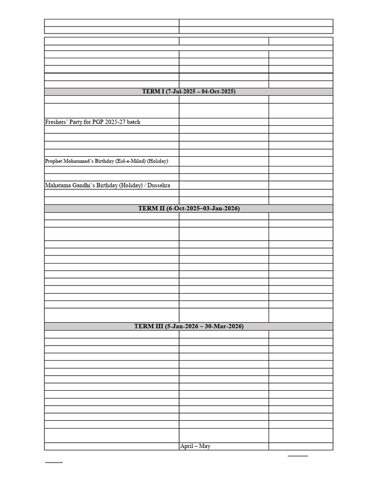 Academic Calendar First Year PGP 2025 27 Batch | PDF | Academic Term ...