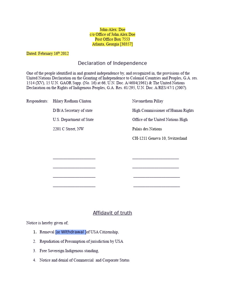 Declaration of Indigenous Independence | PDF | Affidavit ...