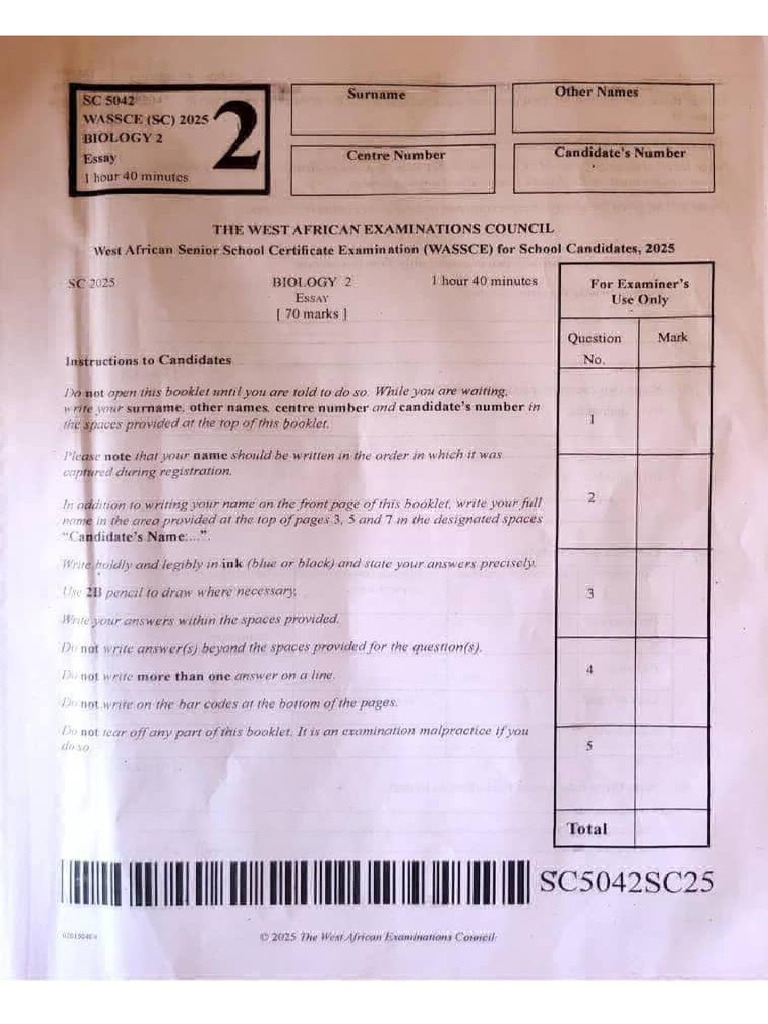 Wassce 2025 Biology Actual Papers???? | PDF
