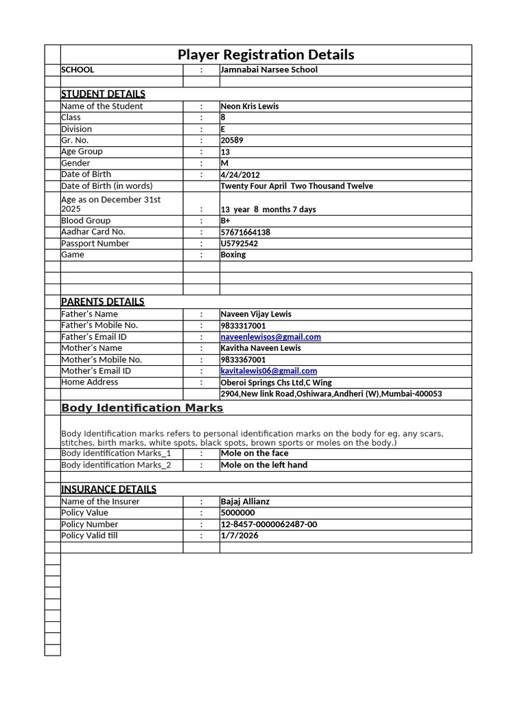 Player Registration Excel 1 Neon Lewis | PDF