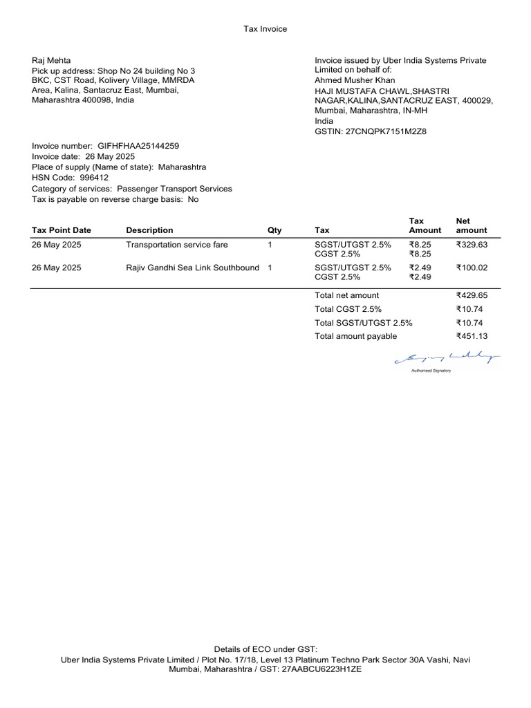 Uber Tax Invoice for Transportation Services | PDF