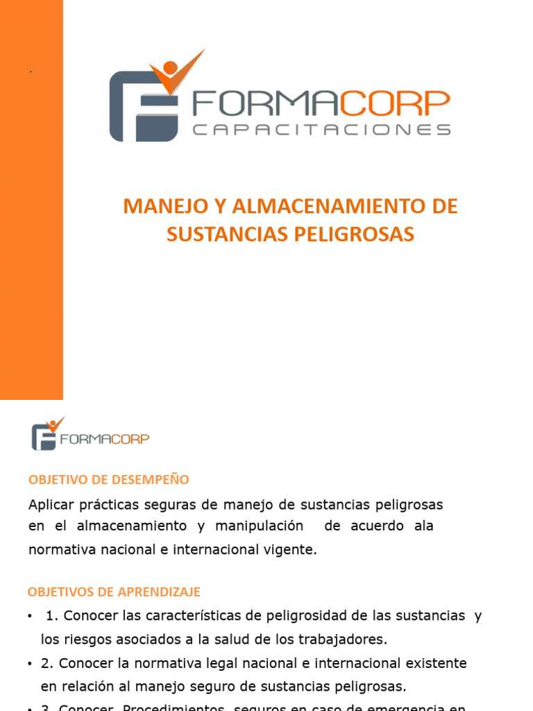 Presentacion Manejo y Almacenamiento de Sustancias Peligrosas Formacorp Rev1 | PDF | Combustión ...
