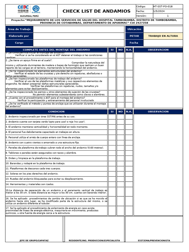 Ht-Sst-Fo-18 - Check List de Andamios | PDF | Andamio
