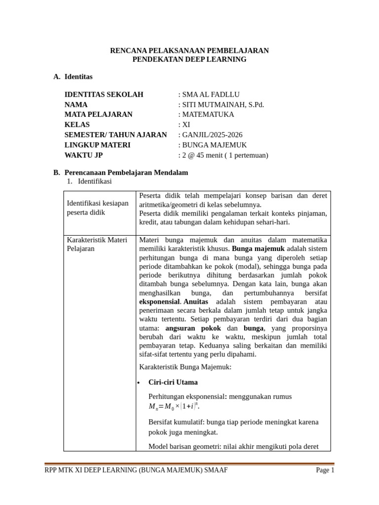 RPP MTK Kelas Xi DL (Bunga Majemuk) Ta 2526 | PDF