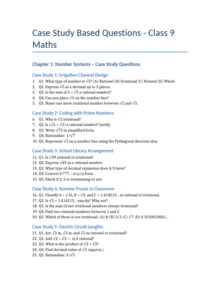 Class 9 Maths Case Study Questions | PDF | Numbers | Area