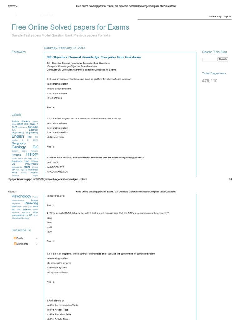 Free Online Solved Papers For Exams - GK Objective General Knowledge ...