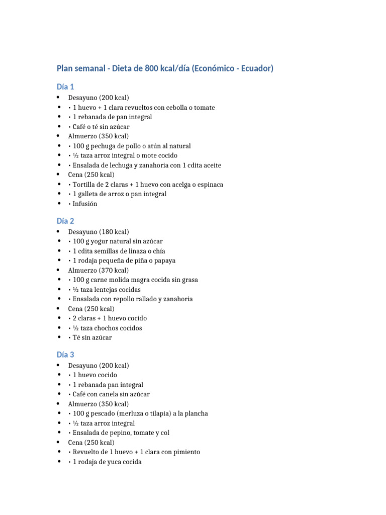 Plan Semanal de Dieta 800 kcal | PDF | ensalada | Cocinando