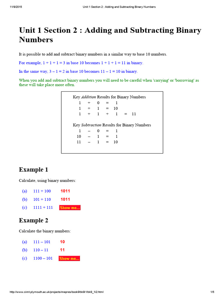 Unit 1 Section 2 - Adding and Subtracting Binary Numbers | PDF | Subtraction | Decimal