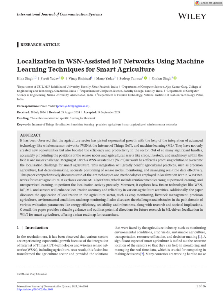 Int J Communication - 2024 - Singh - Localization in WSN Assisted IoT Networks Using Machine ...