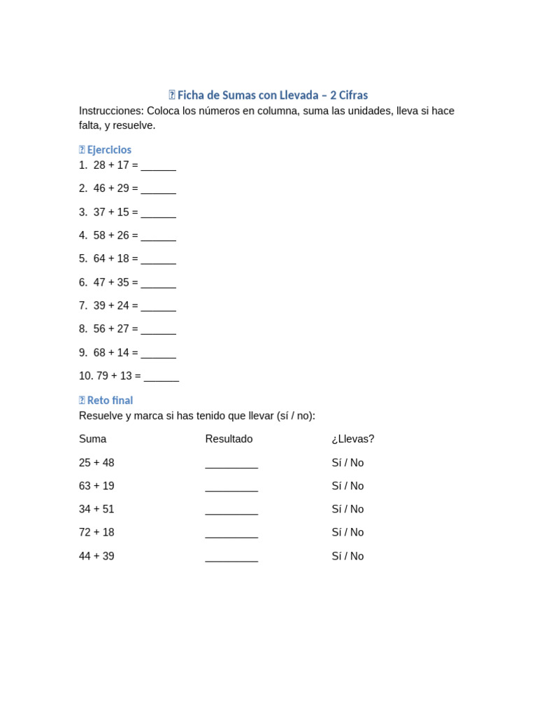 Ficha Sumas Con Llevada | PDF