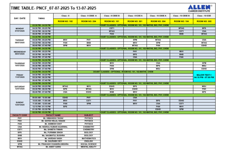 TIME TABLE - PNCF - 07-07-2025 To 13-07-2025 | PDF