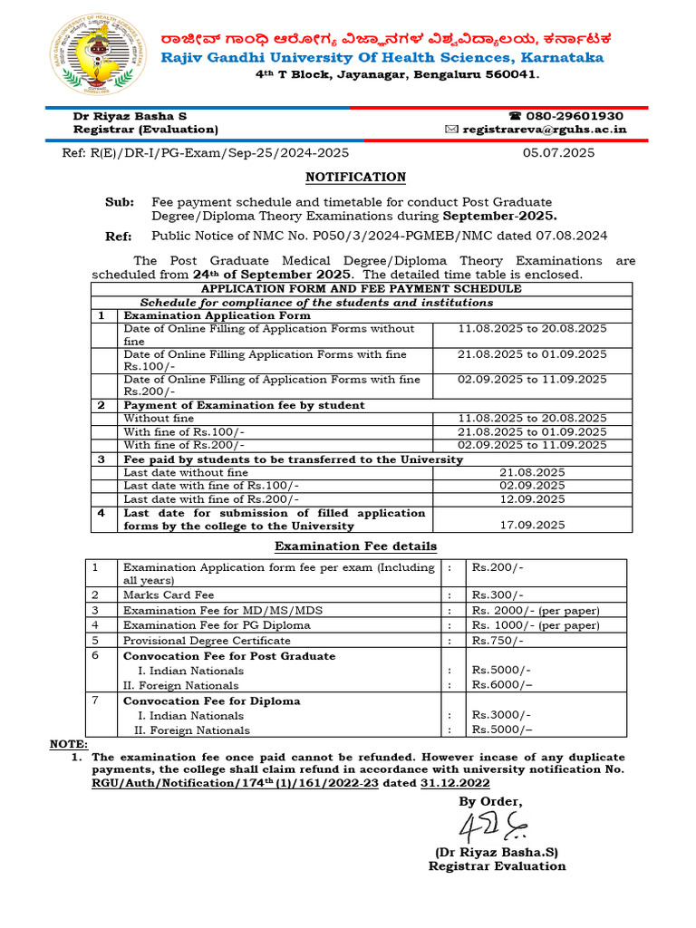 PG Fee Notification Time Table Sep-2025 Signed | PDF | Doctor Of Medicine