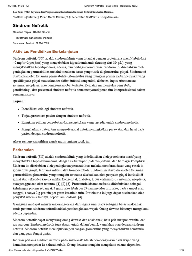 Sindrom Nefrotik - StatPearls - Rak Buku NCBI | PDF