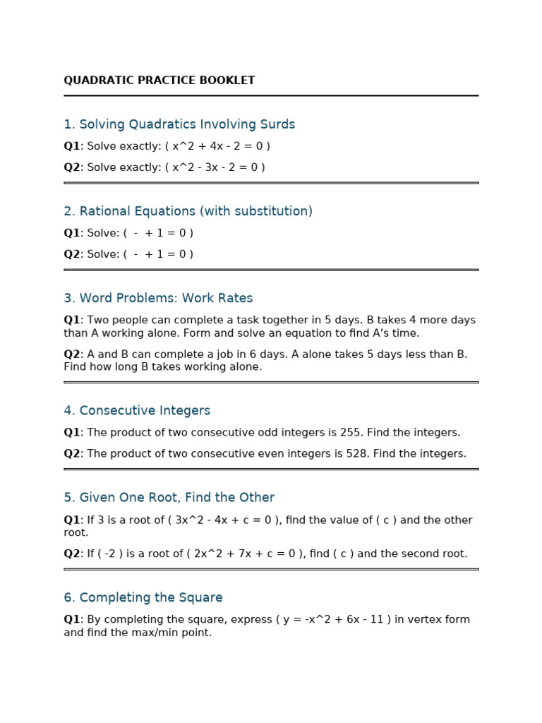 Quadratic Practice Booklet Pdf Quadratic Equation Area