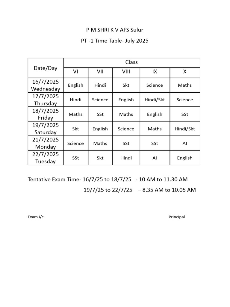 PT1 Time Table - July 2025 | PDF