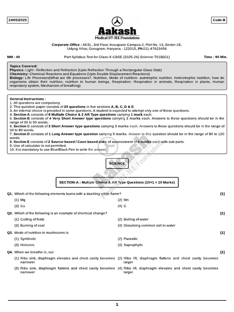 PST-1B (CBSE - G-1) Science (C-10) (24-05-2025) | PDF
