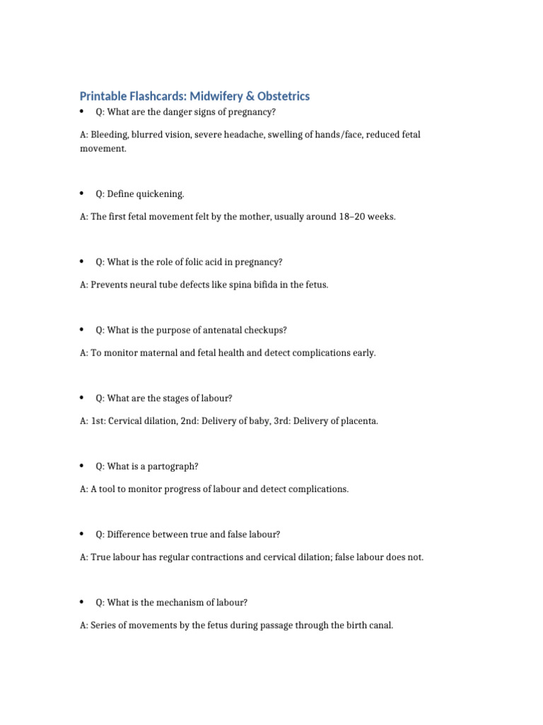 Printable Midwifery Obstetrics Flashcards | PDF | Childbirth | Pregnancy