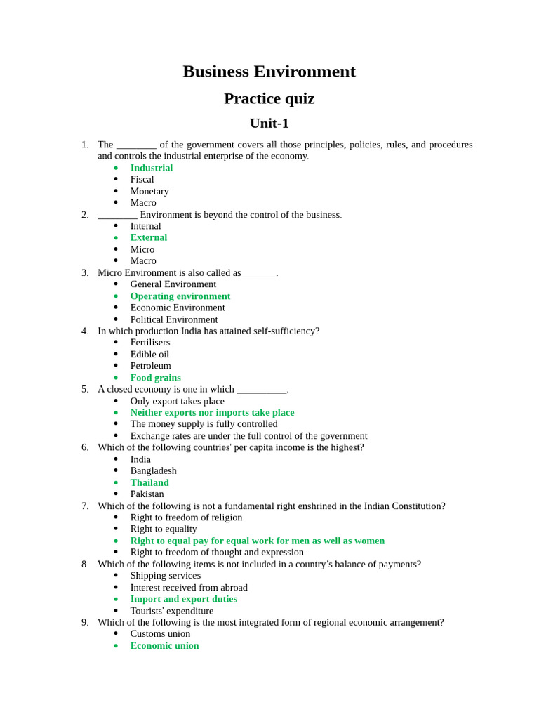 Business Environment Practice Quiz Unit1-5 | PDF | Strategic Planning ...