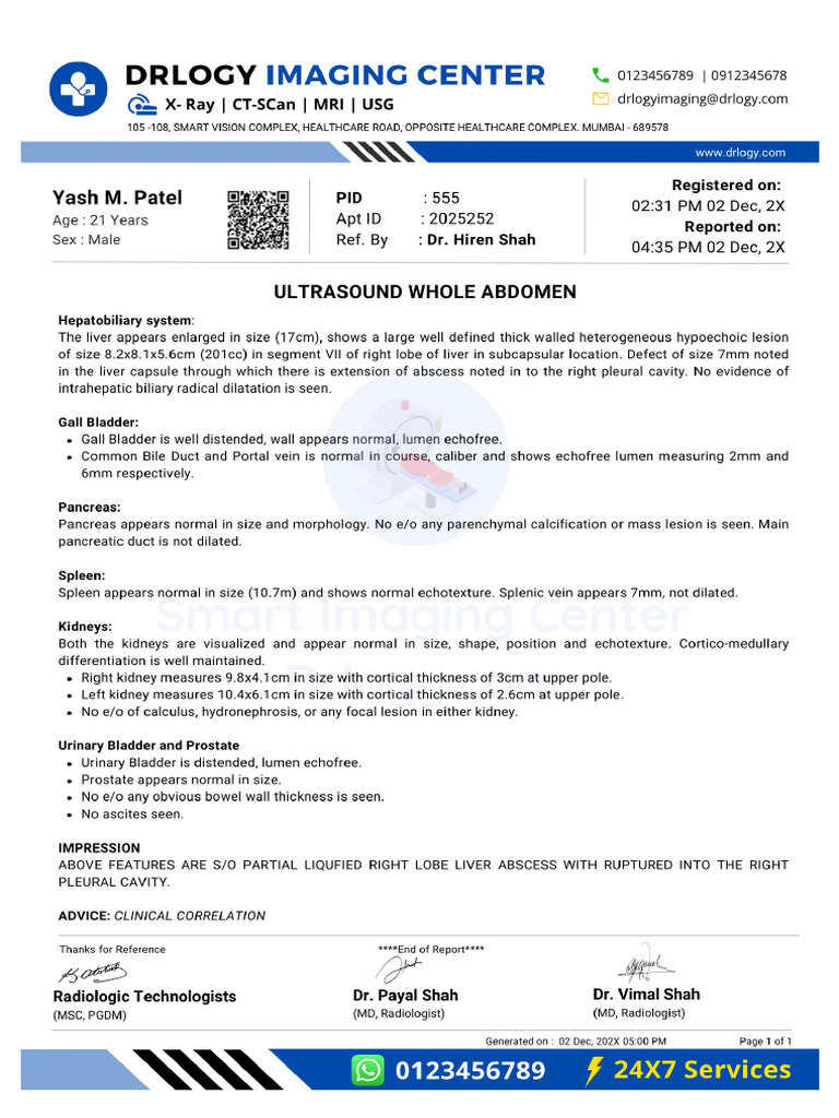 Usg Whole Abdomen Report Format - Drlogy | PDF