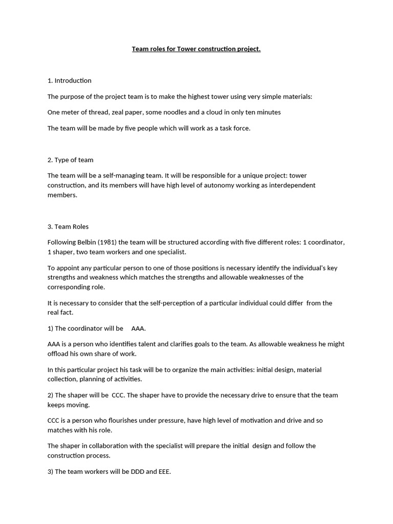 Team Roles for Tower Project | PDF | Organizational Behavior