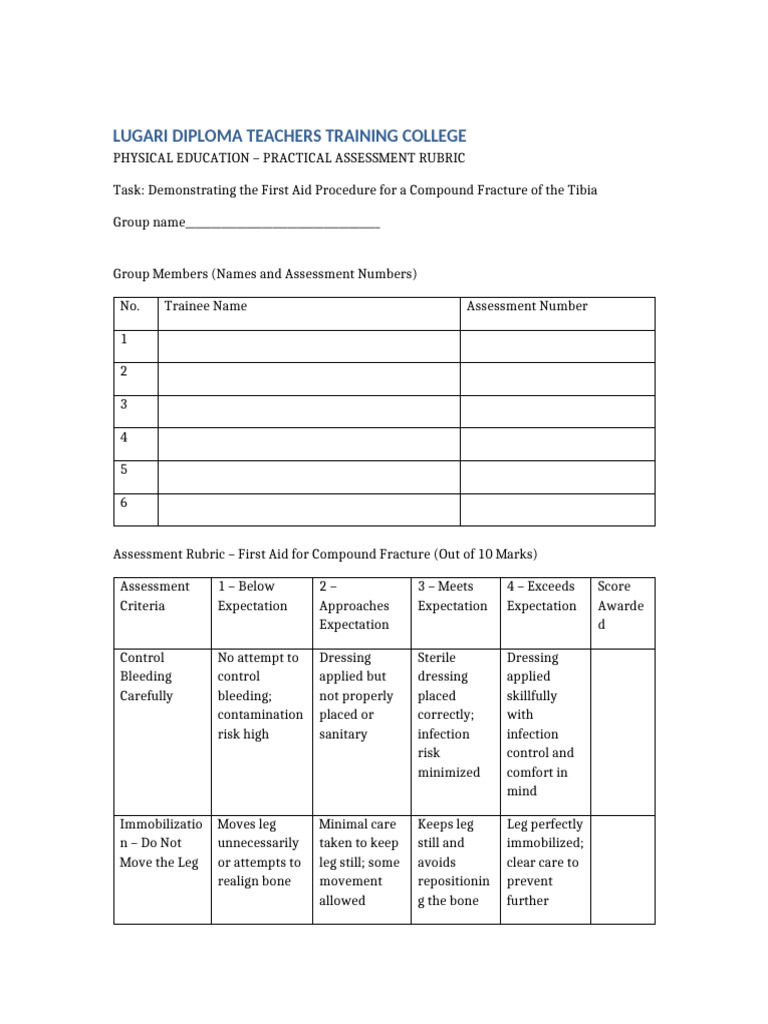 First Aid Assessment Rubric for Tibia Fracture | PDF | First Aid | Wound