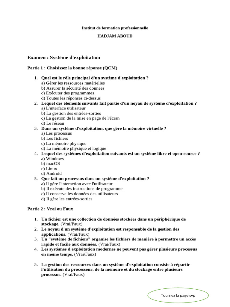 Examen sur les Systèmes d'Exploitation | PDF | Système d'exploitation ...