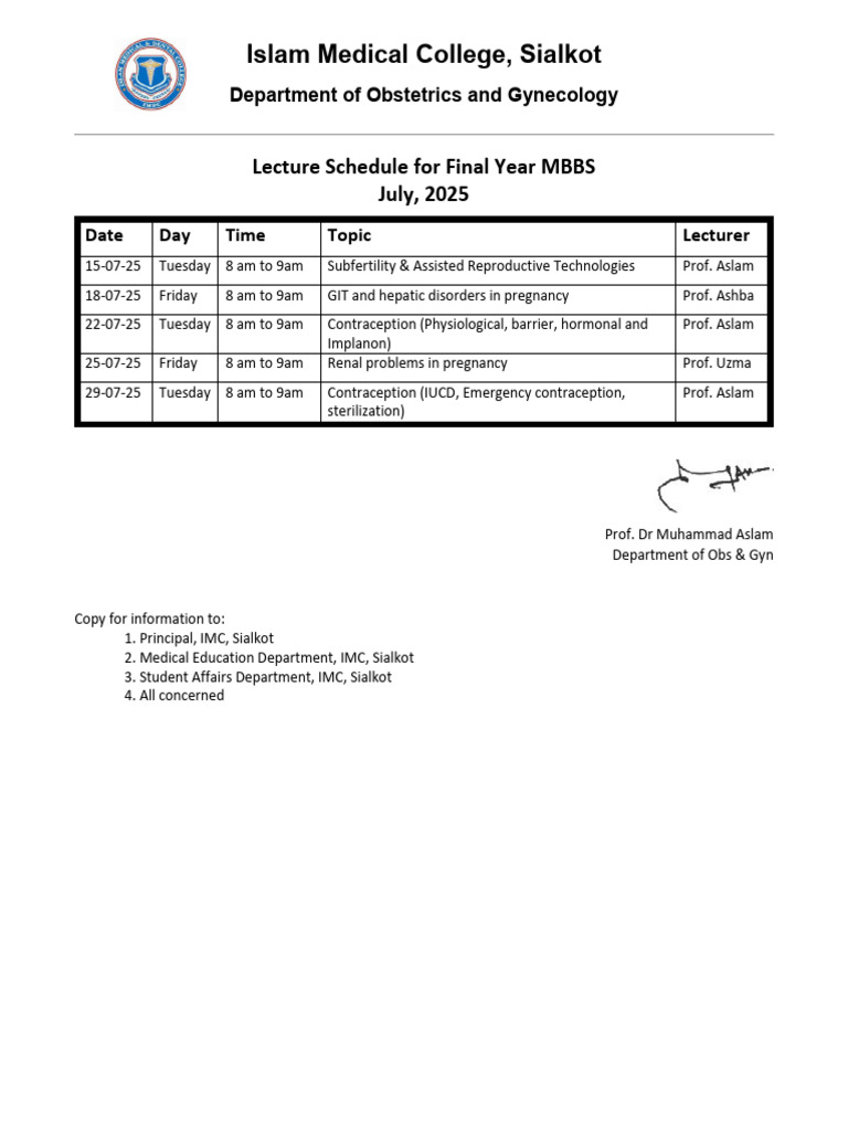 Lecture Schedule Final Year July 2025 IMC 1 | PDF