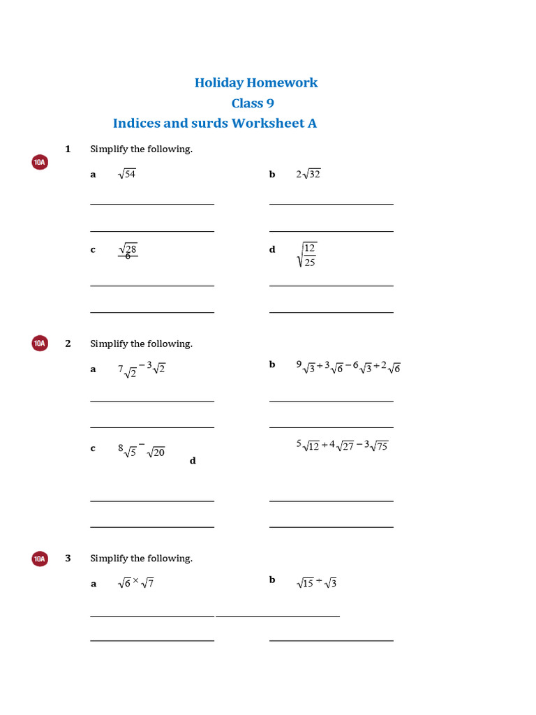 Surds and Indices Worksheet for Class 9 | PDF | Arithmetic | Mathematics