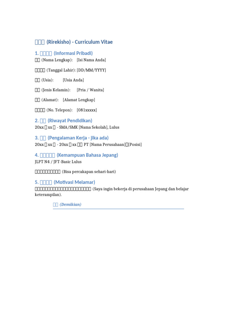 CV Bahasa Jepang | PDF
