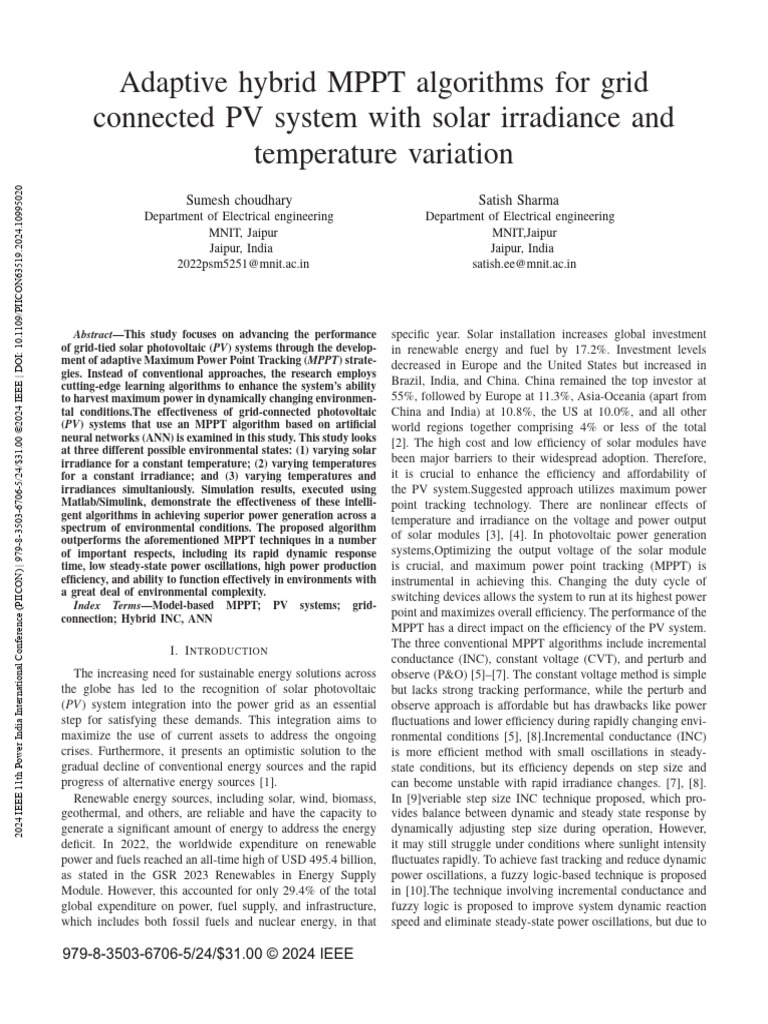 Adaptive MPPT Algorithms for PV Systems | PDF | Photovoltaics ...