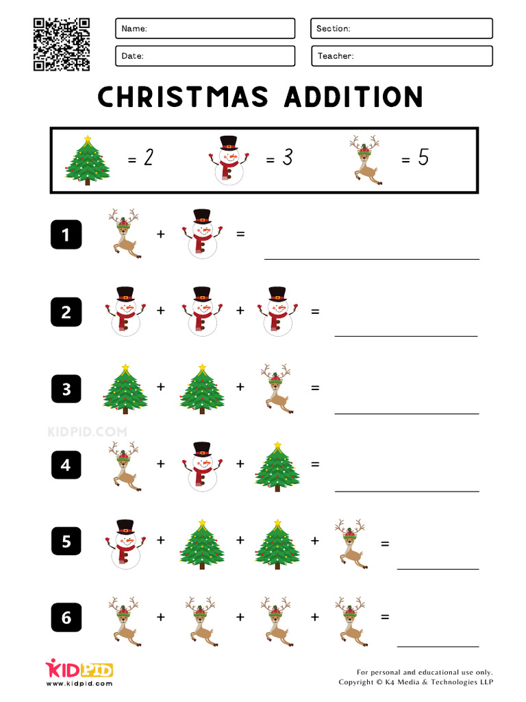Christmas Addition Worksheets for Kids | PDF