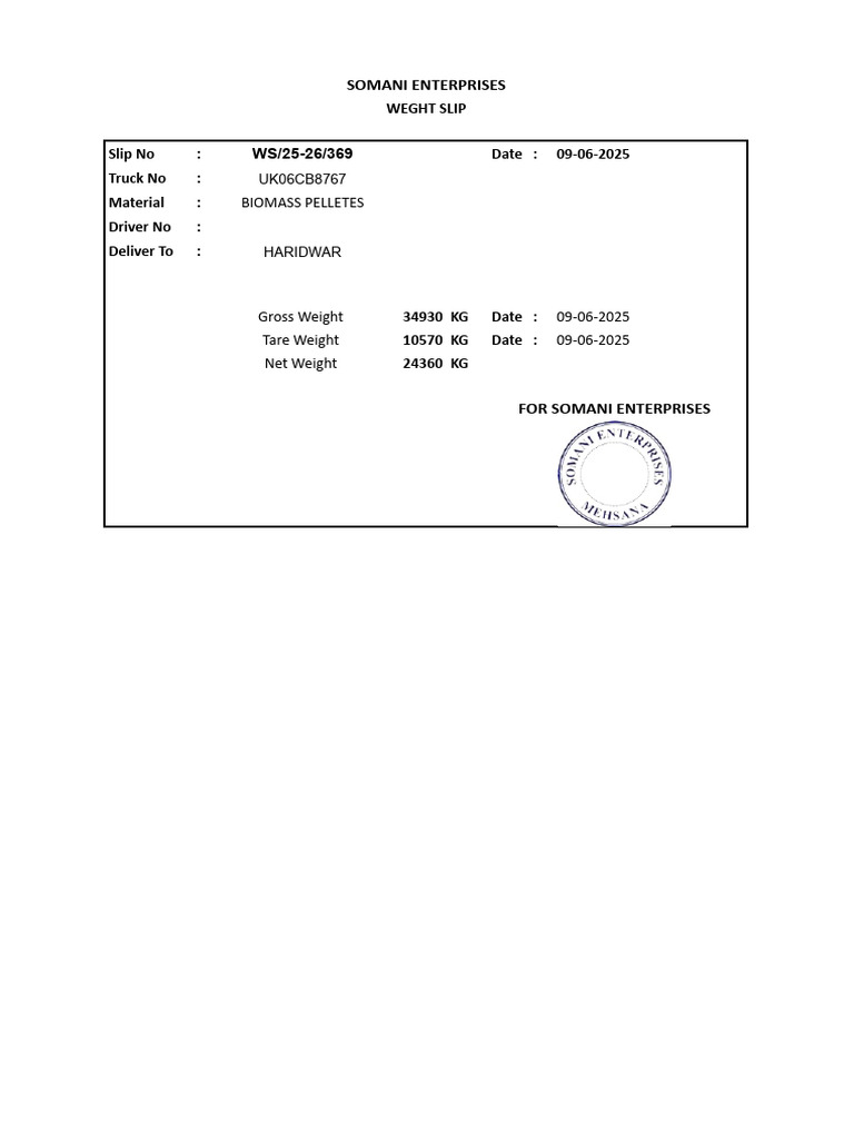 Sews2526369 Patanjali Foods Limited Weight Slip | PDF